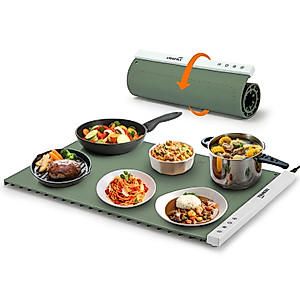 Silicone Electric Heating Tray - Roll Up Premium Silicone Heating Mat for Food, 5Temperature Setting, Four Timer Modes, Auto Shut-Off, Portable Food Warmer for Parties, Dinner, Travel