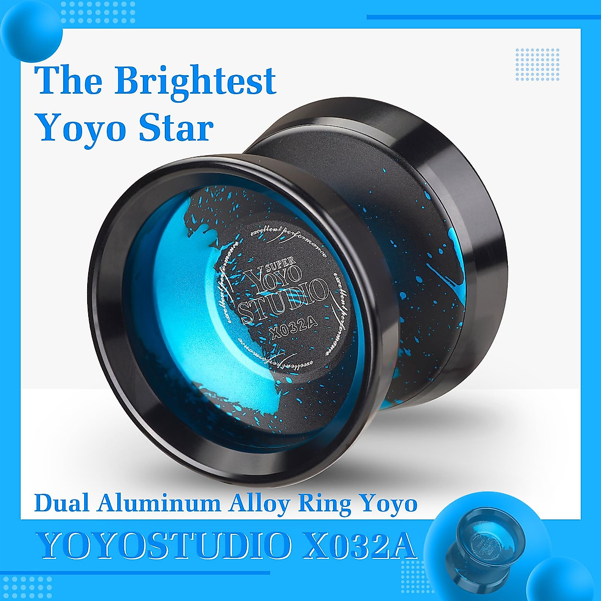 YOYOSTUDIO Yoyo Professional Unresponsive Yoyos with Dual Aluminum Alloy Rings, Pro Tricks Yo yos for Adults, Metal Yoyo for Kids Beginners with Strings, Gloves & Case Black and Blue (Black Ring)