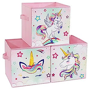 WERNNSAI Unicorn Cube Storage Bin - 3 Pack Organizer Storage Baskets with Handles Fabric Collapsible Storage Bins Set 11" x 11" x 11" Pink Sequin Decorative for kids Home Closet Nursery Room Bedroom