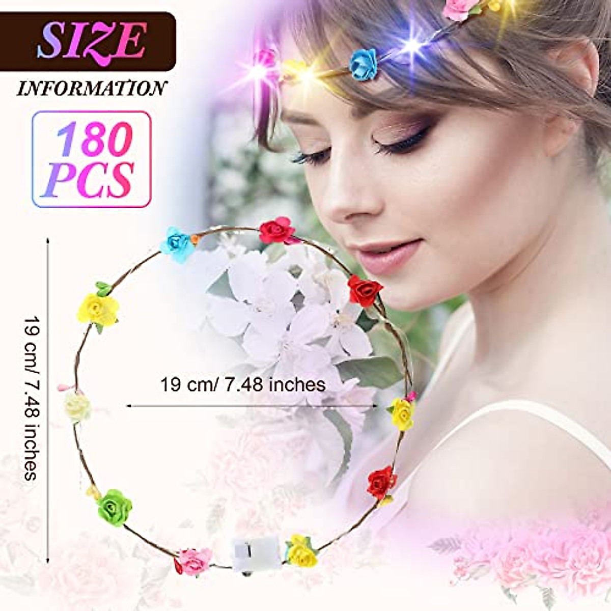 180 Pieces LED Flower Crown Headbands Bulk Multicolor Light up Floral Wreath Crowns Flower Hair Garlands Headdress Crowns for Women Girls Hair Accessories Wedding Holiday Festival Christmas Party