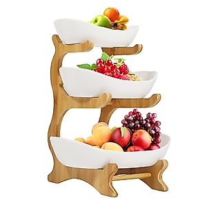 CNCEST 3 Layer Ceramic Fruit Plate Bamboo Wooden Frame Household Sushi Basket Bowl Holder Multi-Layer Tray Storage Rack Vegetables Stand Kitchen Organizer White