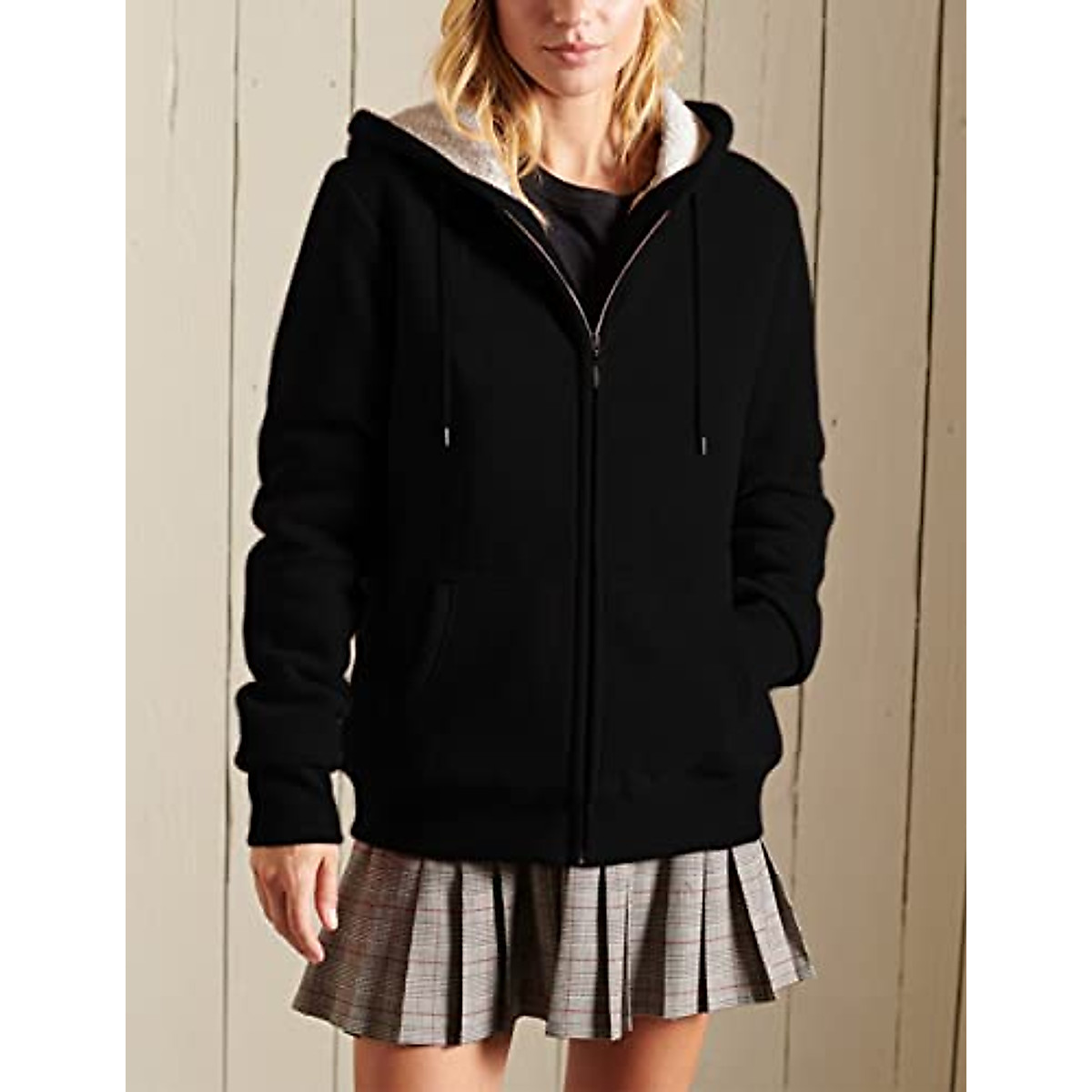 Yeokou Women's Casual Winter Warm Sherpa Lined Zip Up Hooded Sweatshirt Jacket Coat (X-Large, Black001)