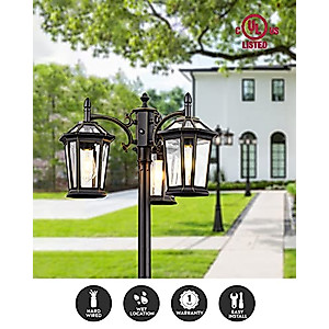 VIANIS Outdoor Lamp Post Lights with Dusk to Dawn Sensor, Triple Head Street Pole Light Fixtures Waterproof, Outside Electric Lantern Backyard Lighting, Christmas Lamp Post for Garden Patio Driveway
