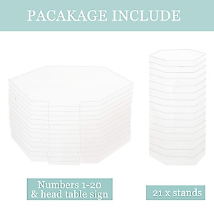 HighFree Hexagon Acrylic Table Numbers 1-20 with Stand - Printed Calligraphy Place Cards, Clear Acrylic Table Numbers for Wedding Reception, 4x4.5 inch, Set of 21