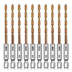 UBESTHS Titanium Twist Drill Bit Set, 10 Pcs 1/8" Hex Shank Drill Bits High Speed Steel for Wood, Plastic, Aluminum Alloy, Metal, Quick Change
