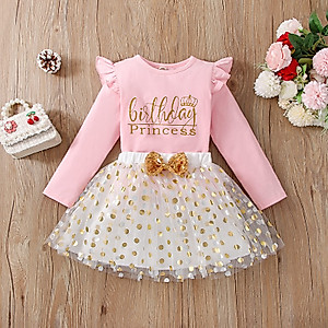 LYQTloml Toddler Kids Baby Girls Birthday Princess Outfits Dress Vest Long Sleeve Shirts Tank Top Dot Mesh Tutu Skirt 2PCS Winter Skirt Set