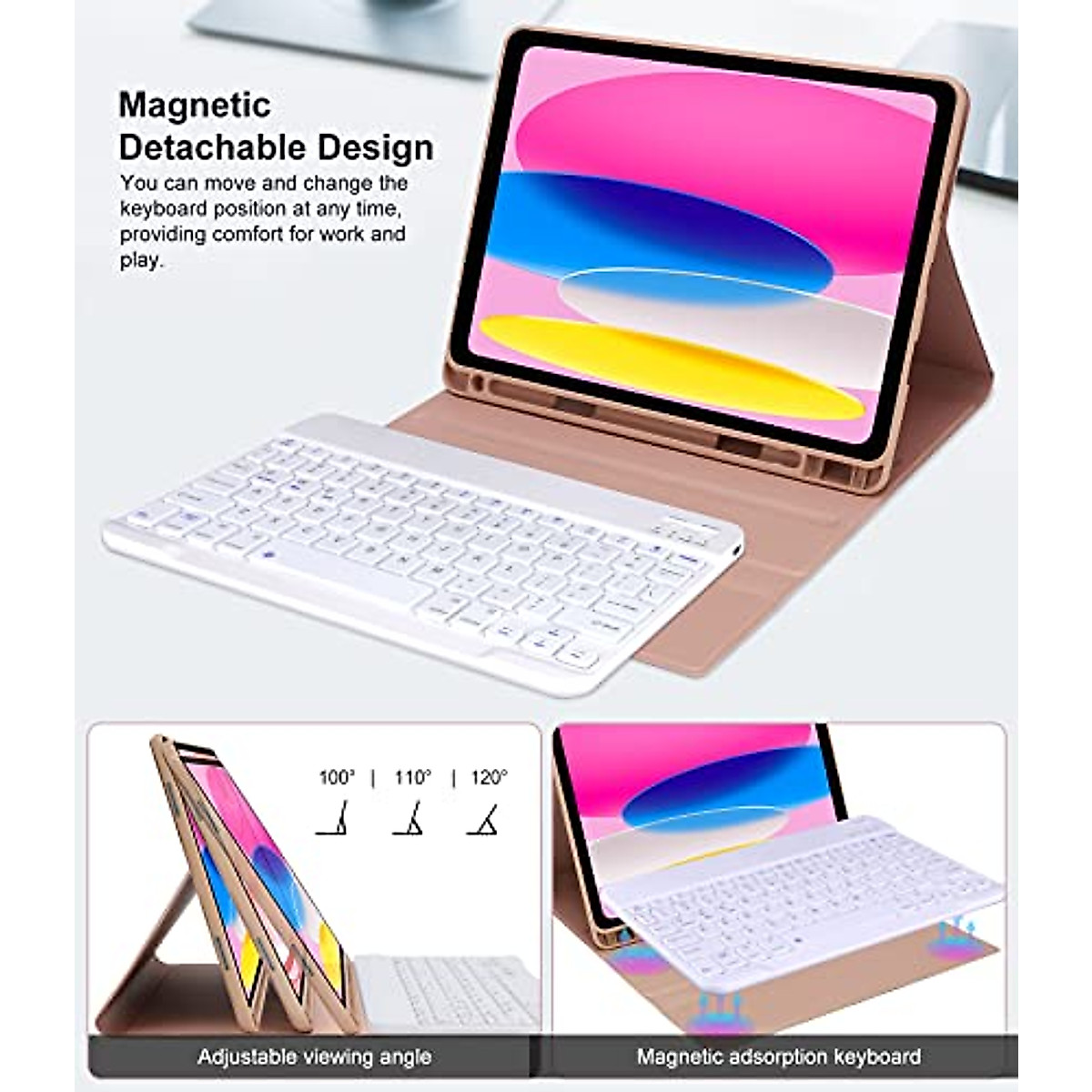 Keyboard Case for iPad 10th Generation 10.9 inch (2022) - Smart Keyboard for iPad 10th Generation, Removable Bluetooth Keyboard - Auto Sleep/Wake Up Folio Cover, Cute Case, Pink