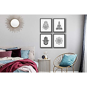 FerrisBuilt Black and White Buddha, Hamsa Hands, Mandala and Lotus Flower, Eclectic Wall Art, Boho Decor, Indie Decor - Set of (4) 8x10 UNFRAMED Prints