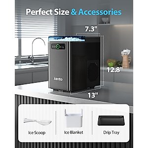 Aeitto Nugget Ice Maker 40Lbs/24H, Countertop Soft Chewable Ice Pebble Ice Machine, One-Click Operation, Auto Self-Cleaning Ice Makers with Scoop&Basket for Home, Office, Kitchen, Party (Black)
