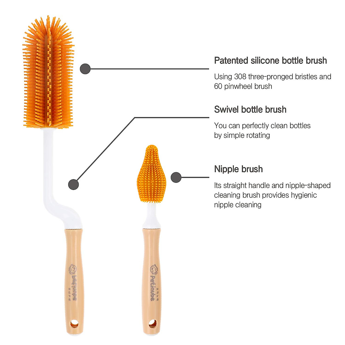 PETINUBE Baby Bottle Cleaning Brush Soft Brush Baby Bottle Cleaner Silicone Brush for Bottles and Cups for All Bottle Types(Navy, Swivel Handle Set)