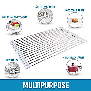 Zulay Kitchen 17.5" Multipurpose Roll Up Dish Drying Rack & Trivet - Heavy Duty, Silicone-Coated Stainless Steel Roll Up Rack, Rolls Out Over Any Sink - Versatile Roll Up Sink Drying Rack