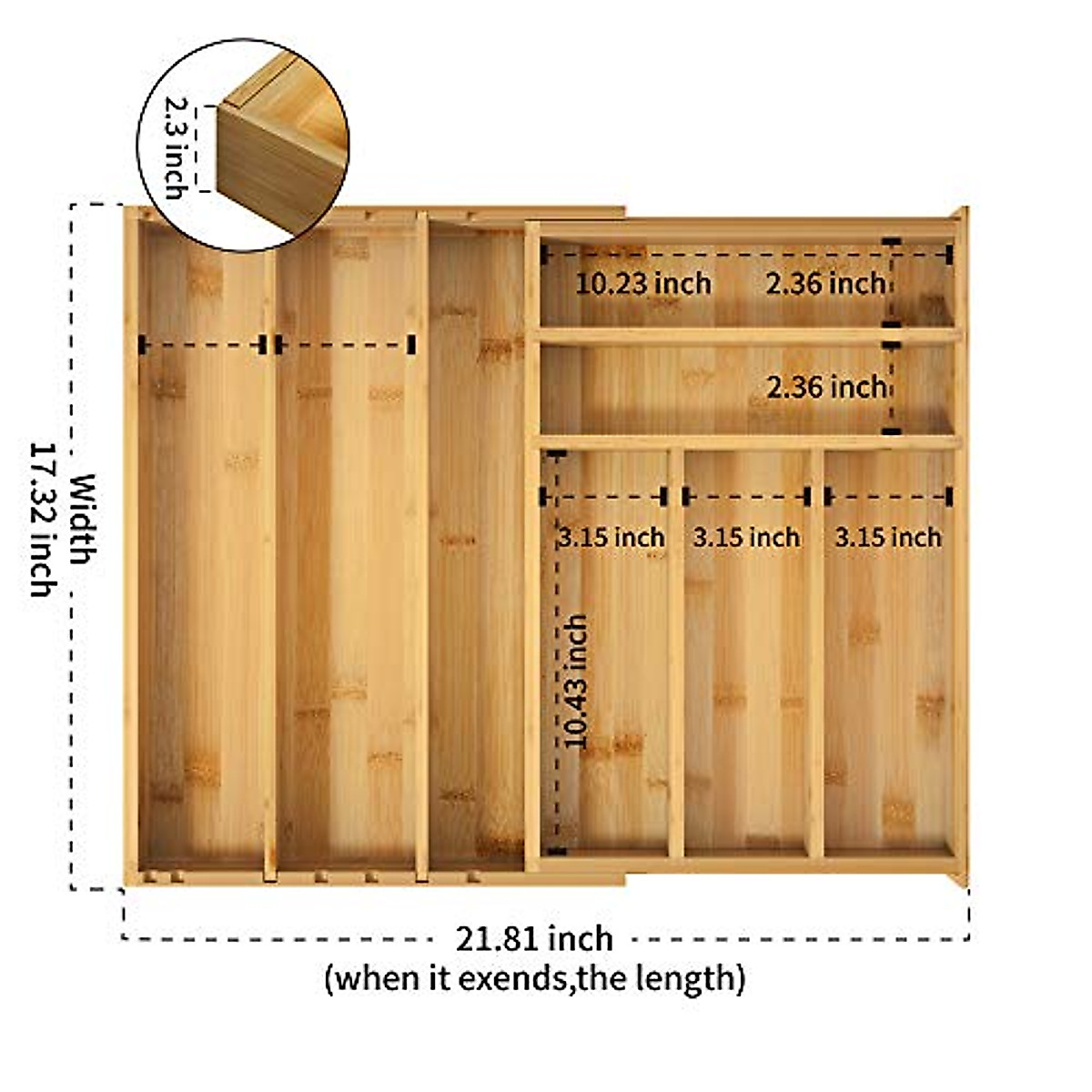 ZESPROKA Bamboo Kitchen Drawer Organizer for Utensils, Silverware, Flatware, Spoons, Fork & Knives–Adjustable Cutlery Tray Divider for Storage & Organization –8 Compartments