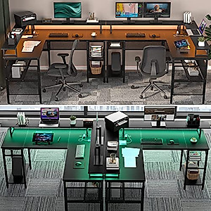 Unikito L Shaped Desk with LED Strip and Power Outlets, 2 Person Computer Desk with LED Light and Power Outlet, Double Gaming Desk,Black