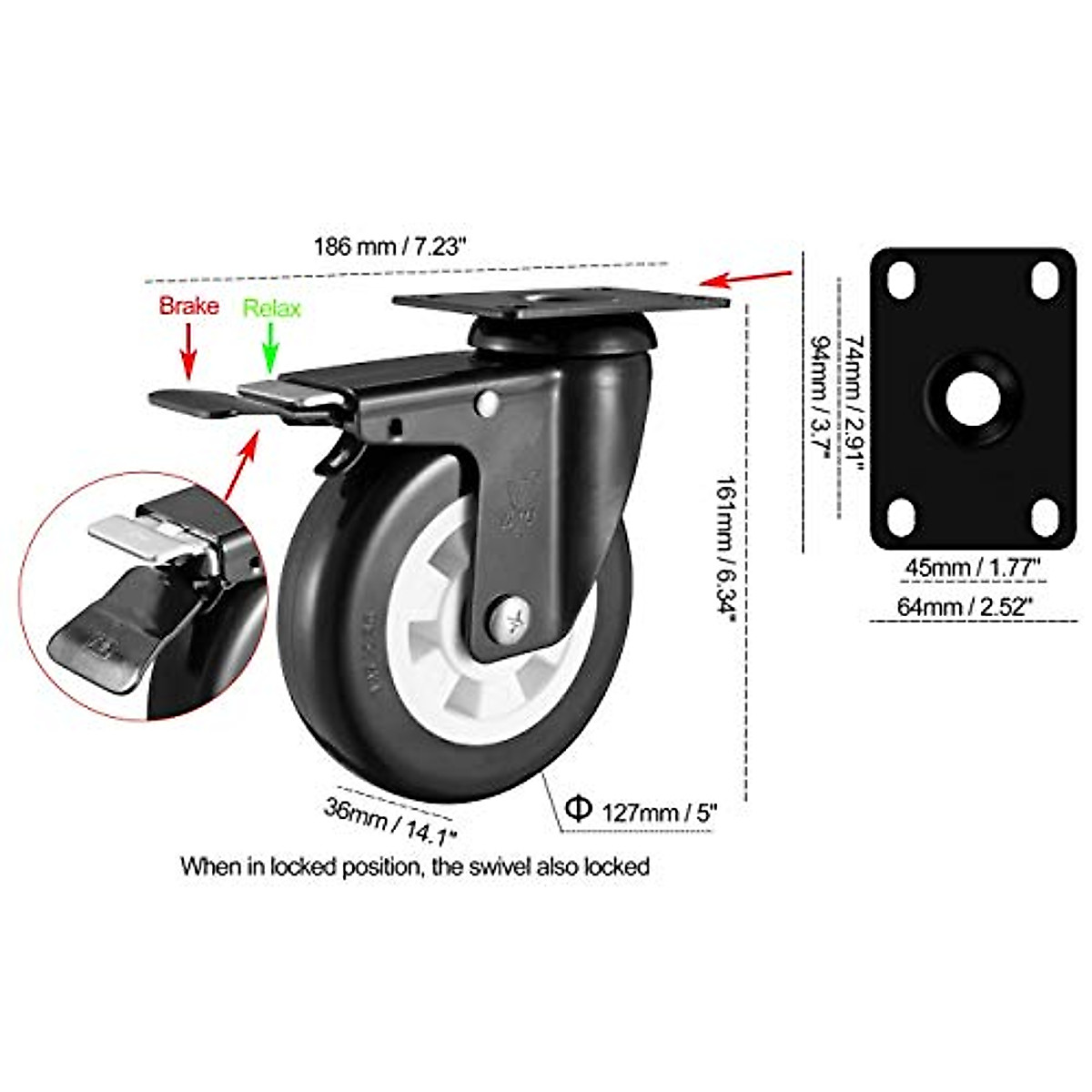 Heavy Duty Plate Caster Wheels 5" PU No Noise,Premium Polyurethane Double Ball Bearing Steels,Easily Lock or Unlock -440 Lbs Per Casters (Pack of 4, 2 Swivel Dual Locking & 2 Swivel) Black Wheel