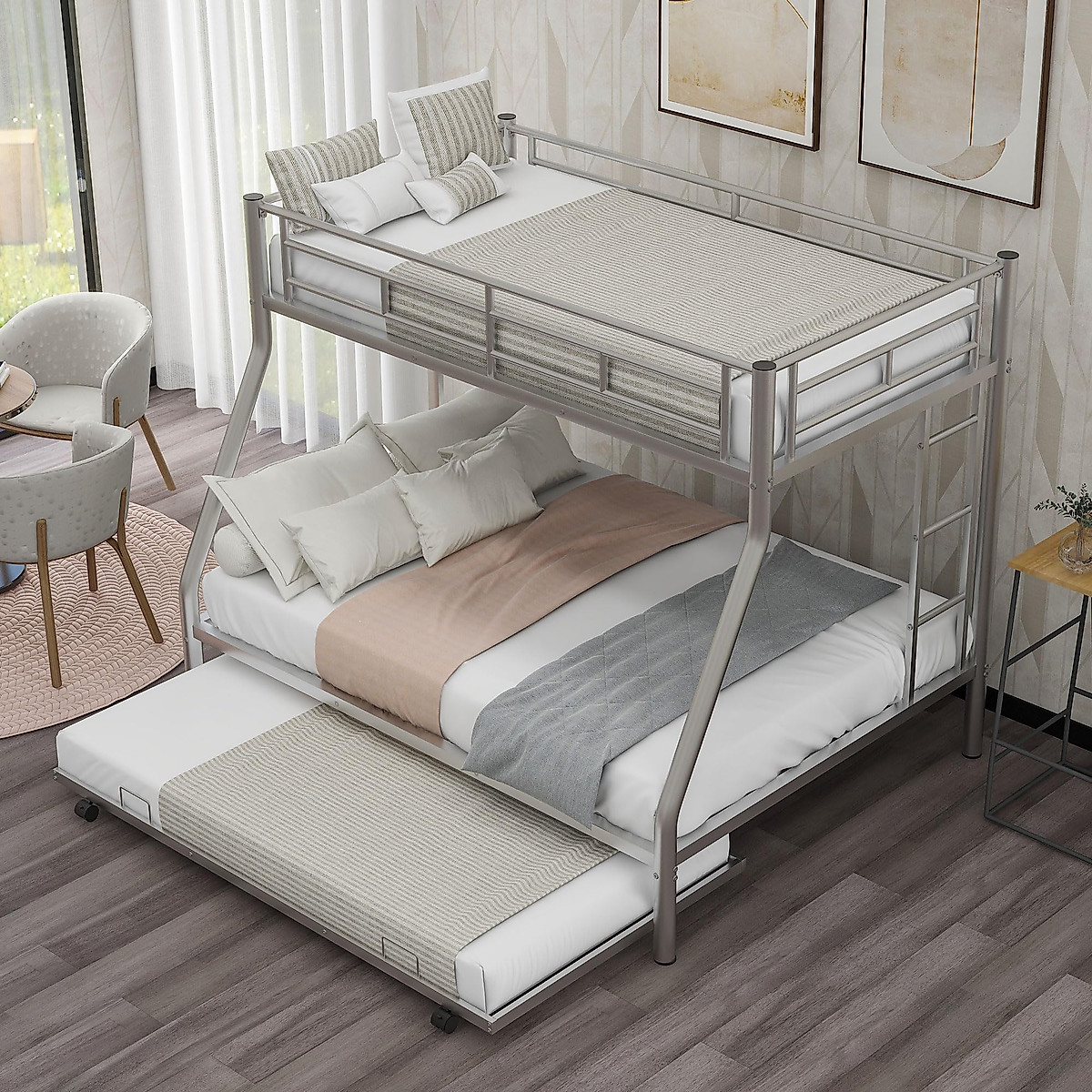 Merax Twin Over Full Bunk Bed with Trundle, 3 in 1 Triple Bunk Beds, Sturdy Steel Bunk Beds Frame for 3 Kids/Teens with Two Side Ladders and Safety Guard Rail,Silver Color