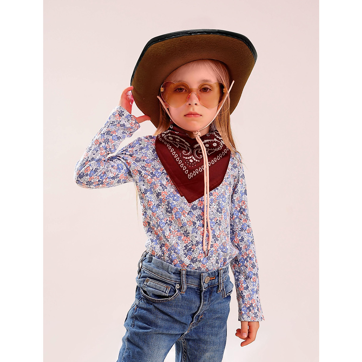 JeVenis Brown Cowgirl Hat Girls Cowboy Hat Kids Western Cowgirl Hat Bandana heart shape Sunglasses for Birthday Party