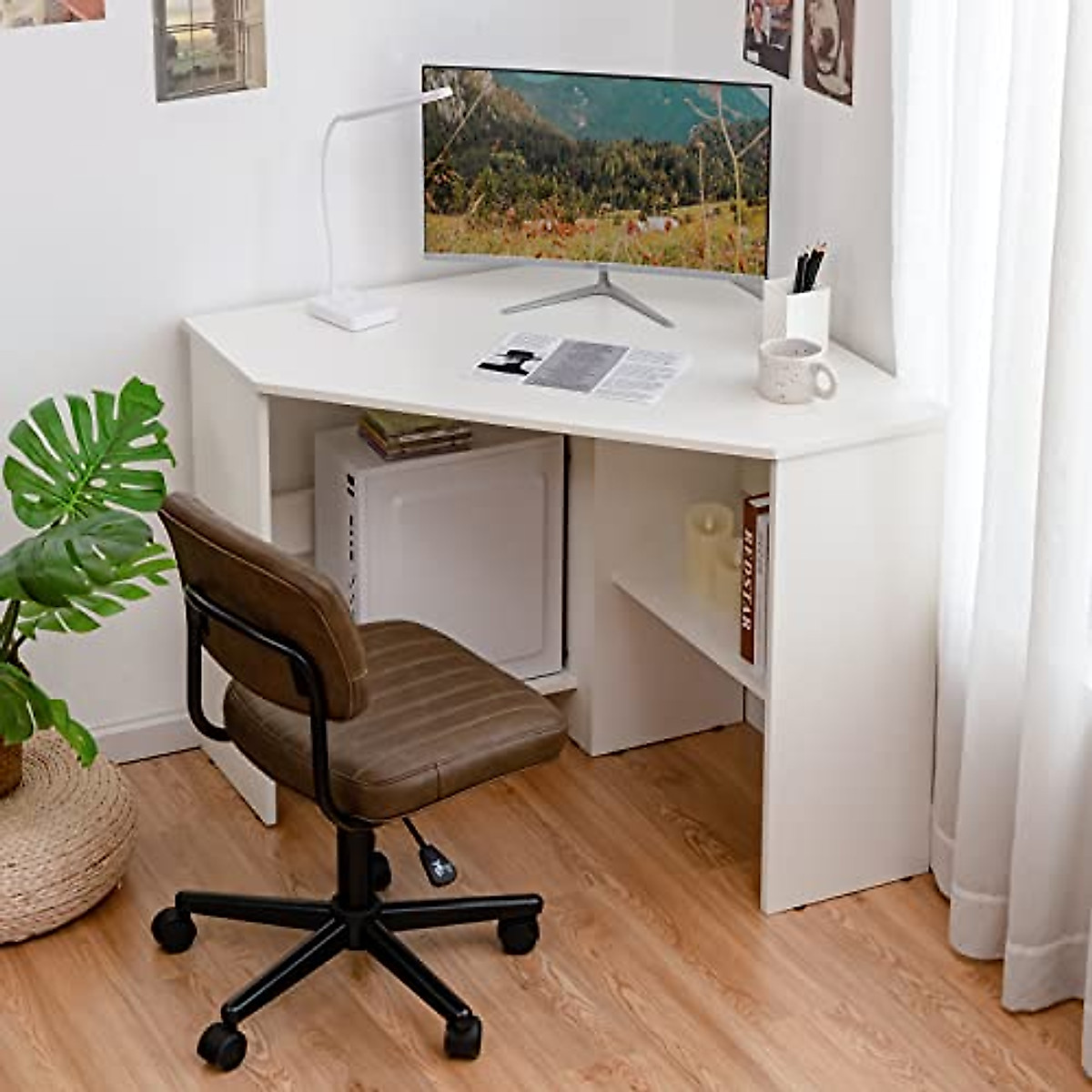 Tangkula White Corner Desk - 90 Degrees Triangle for Computer, Small Space, Bedroom, Makeup Vanity Desk with Storage Shelves & CPU Stand, Space Saving Writing Desk