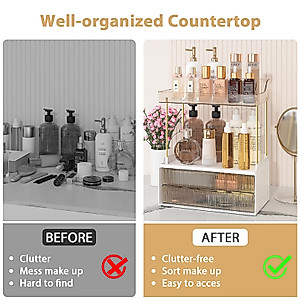 Webetop Bathroom Counter Organizer, Large Makeup Organizer Countertop, Multi-Purpose Vanity Organizer Countertop with 2 Drawers for Storage, Cosmetics, Perfume, Toiletry (Amber)