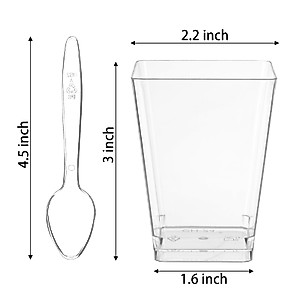 Hiasobre 50Pack 5oz Square Plastic Dessert Cups with Spoons, Reusable Clear Parfait Appetizer Cups, Mini Party Trifle Shooter Serving Cups, Dessert Shot Glasses for Tasting