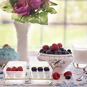 iplusmile Snack Bowl With Metal Tray, 4 Removable Dip Bowls Glass Fruit Tray Divided Appetizer Condiment Serving Bowls for Dessert Nuts Snacks Candy Chips Party Supplies