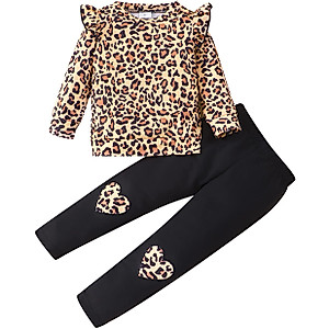 RETSUGO Toddler Girl Clothes Leopard Long Sleeve Sweatshirt Top and Pants Toddler 2pcs School Girls Outfits Kids Fall Winter Clothing Set 8-9 Years old/6615