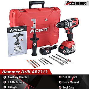 AOBEN 21V Cordless Hammer Drill, High Torque 1200 In-lbs, 1/2-Inch Power Hammer Drill Brushless, with 4.0Ah Li-ion Battery and Charger, Auxiliary Handle, Variable Speed