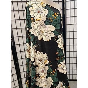 Camellia Flower Print Linen Rayon - Green/Gold/White - Fabric by The Yard
