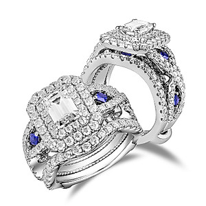 DovEggs 3.2ct Total 5x7mm GHI Emerald Cut Moissanite Antqiue Double Halo Engagement Ring Moissanite&Blue Sapphire Accents Curved Enhancer Guard Wedding Ring Set 14k Gold Quality Sterling Silver(6.5)