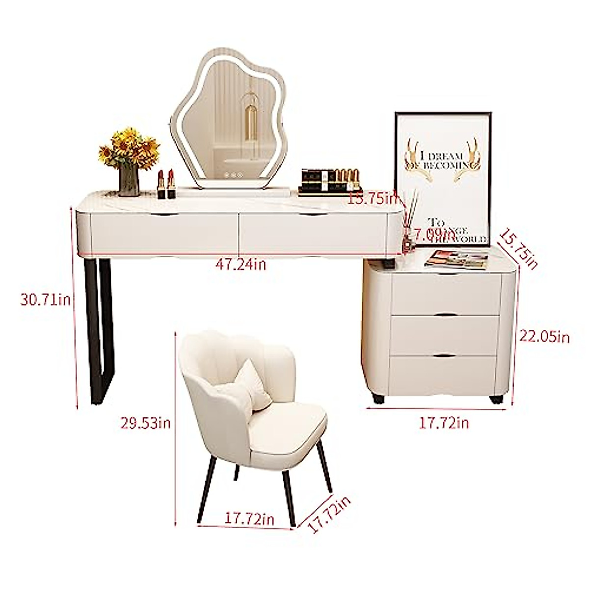 Vanity Desk, Vanity Table Made of Solid Wood, Features Modern Sintered Marble Top, Rotatable/Removable Touch Screen HD Mirror(3-Brigntness), Vanity Set with Chair (47.2IN/120CM)