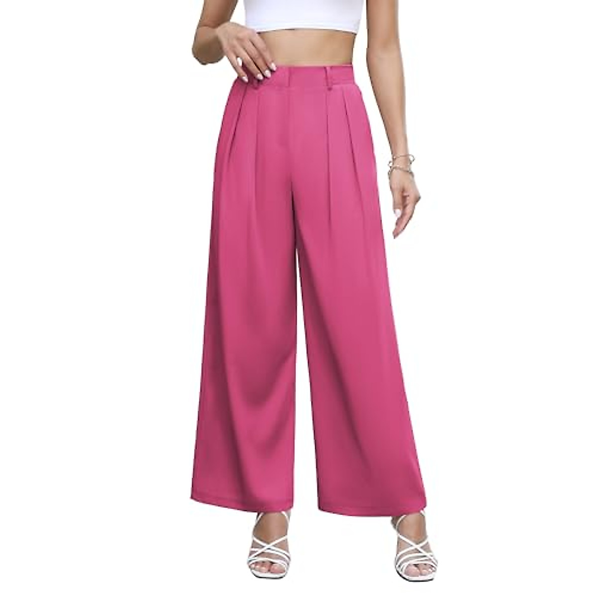 NIeyook High Elastic Waisted Wide Leg Pants for Women Casual Flowy Long Relaxed Fit Palazzo Pants with Pockets Hot Pink
