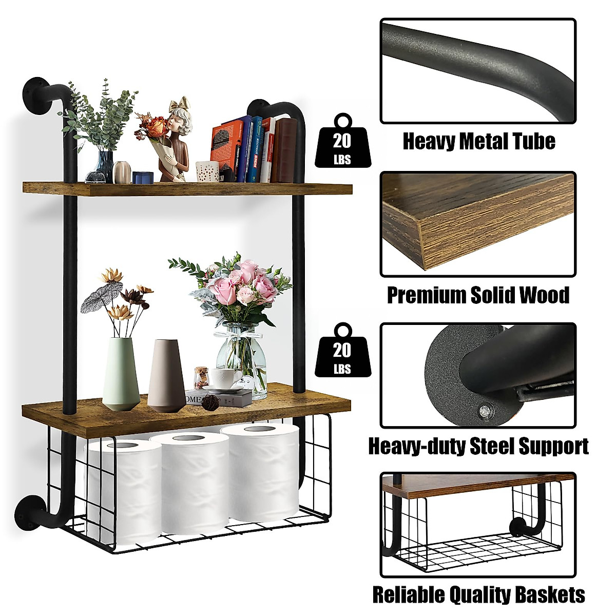 GILPWA 2-Tier Bathroom Shelves Wall Mounted, Floating Shelving Retro Pipe Shelf with Basket, Easy Assemble Industrial Pipe Shelving, Anti-Rust Wall Shelves for Living Room, Kitchen 31.9 * 16.9 inch