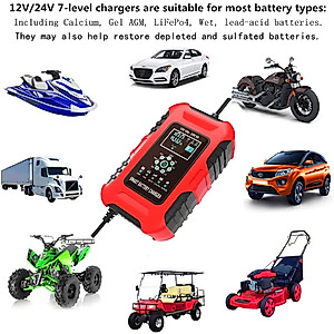 Foxsur 10-Amp 7-Stage Car Battery Charger for Wet/GEL/SLA/LiFePO4/Lead-Acid/AGM Batteries, 12V/ 24V Smart Battery Charger/Maintainer, for ATVs/Golf Cart/Motorcycle/Automobile/Marine etc Quick Charger