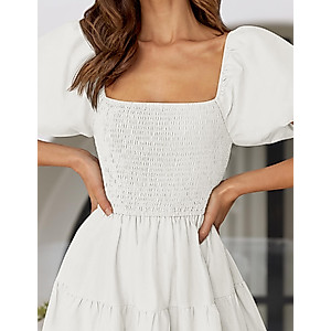 ZESICA Women's 2025 Summer Square Neck Short Puff Sleeve Solid Color High Waist Casual Smocked Flowy A Line Tiered Midi Dress,White,Small