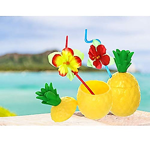 GiftExpress 12-pack Plastic Pineapple Cups with Lids and Hibiscus Straws, Hawaiian Party Cups Luau Aloha Party Favor (12)