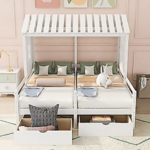 Merax Two Twin Size House Platform Beds with Large Drawers, Space Saving, No Box Spring Needed, White