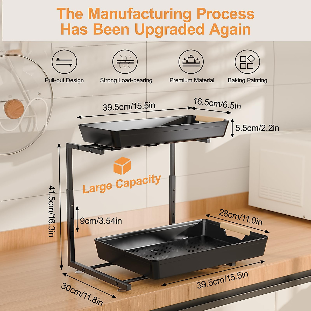 LIUMAYAS 2 Pack Under Sink Organizer Pull 0ut, 3 Height Adjustable Under Kitchen Sink 0rganizer and Storage Black, 2 Tier Double Sliding Drawer Cabinet Organizer for Kitchen Bathroom Pantry