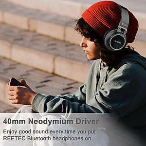 REETEC Bluetooth Headphones Over Ear - [Colorful LED Lights, 20H Playtime] Foldable Hi-Fi Stereo Wireless Headphones with Built-in Mic for iPhone, iPad, Smartphones, Laptop, PC, SD/TF, Grey