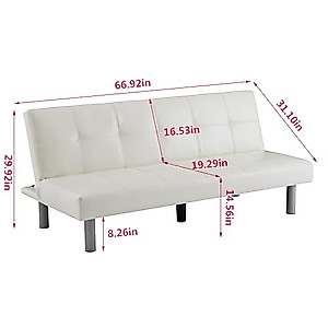 Eafurn Faux Leather Convertible Futon Sofa Adjustable Sleeper Couch Modern Home Recliner Reversible Loveseat Folding Daybed Guest Bed Small Sofabed with Metal Legs for Dorm, Apartment, Beige 66.92"