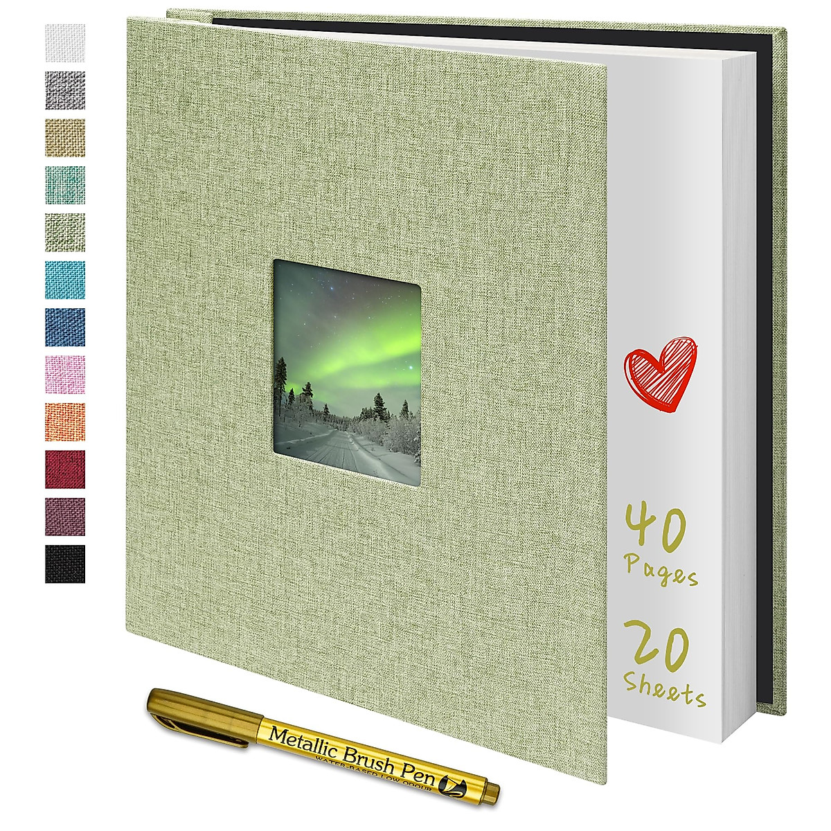 Yopih Photo Album Self Adhesive with Writing Space for 4x6 5x7 8x10 Pictures Scrapbook Album Linen Hardcover Grassgreen DIY Length 11x10.6 Inch 40 Pages with A Metallie Pen
