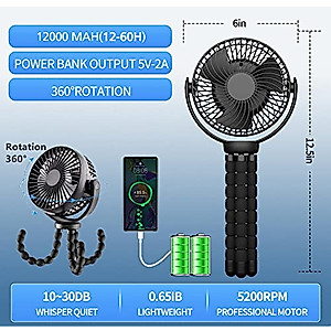 ABSKRYO Portable Stroller Fan 12000mAh Battery Operated Fan Used As Power Bank Charger Clip on Fan with Flexible Tripod Personal Small Handheld Desk Baby Car Seat Fans for Stroller Bed Camping Beach