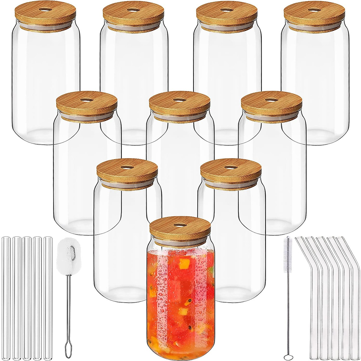 Haundry 10 pack Beer Glass Cups with Bamboo Lids and Straws, 16oz Can Glasses Drinking Glasses Set of 10, Glass Tumbler Cups for Iced Coffee, Beer, Soda, Tea, Smoothies