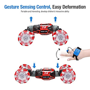 Powerextra Remote Control Car, 4WD Rc Stunt Car with Light & Music, Watch Gesture Sensor Car, Double Sided Rotating Off Road 360° Flips, Toy Car for Boys & Girls - Red