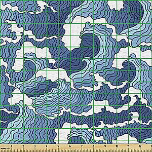 Lunarable Japanese Wave Fabric by The Yard, Stormy Sea with Abstract Chinese Folk Art Influences Illustration, Decorative Fabric for Upholstery and Home Accents, 1 Yard Pale Blue