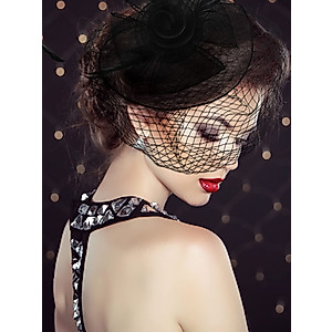 JenPen 4 Pcs Fascinator Hat for Women Tea Party Headwear Feathers Veil Mesh Headband Floral Short Lace Gloves 20s 50s Costume Accessories for Wedding Black