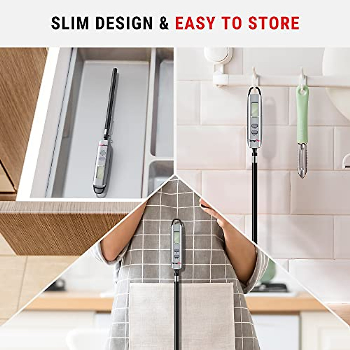 TempPro E16 Digital Meat Thermometer Instant Read Cooking Food Thermometer with Long Probe for BBQ Grill Smoker Oven Deep Fry Candy Kitchen Thermometer, Silver