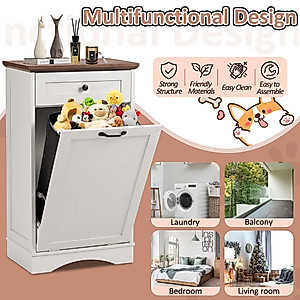 Spurgehom 13 Gallon Tilt Out Trash Cabinet Kitchen Waste Bins, Laundry Hamper Tilt Out Pet Proof Hidden Trash Bin for Kitchen Living Room, Antique White