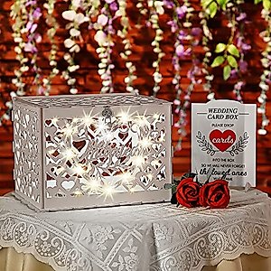 Wedding Card Box, Rustic Wooden Wedding Card Holder with 8 Modes String Light and Lace Table Mat, DIY Envelop Gift Money Card Container with Lock for Reception Decoration, Just Married (White)
