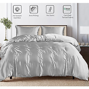 Linenwalas Tencel Lyocell Duvet Cover Set with Deep Pocket Fitted Sheet, Viscose Made from Eucalyptus Soft, Lightweight and Breathable Complete Bedding Set (Silver, Queen)