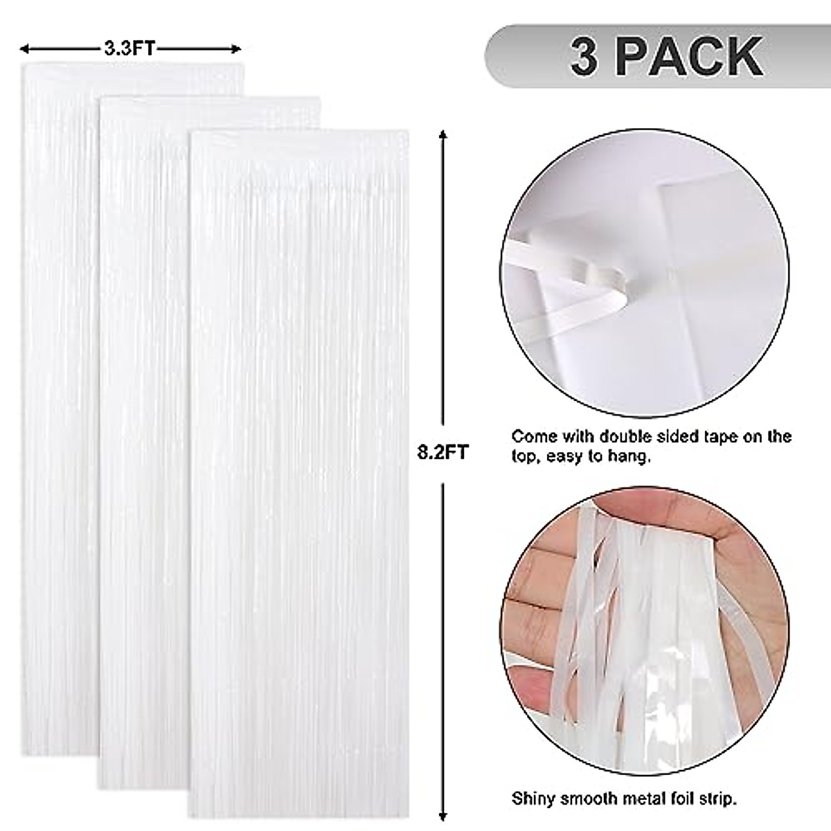 RUBFAC 3pcs 3.3x8.2 Feet White Fringe Backdrop Curtains,Tinsel Streamers Birthday Party Decorations,Fringe Backdrop for Birthday Girl Princess Bachelorette Party Decor