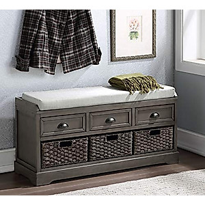 P PURLOVE Storage Bench Homes Collection Wicker Storage Bench with 3 Drawers and 3 Woven Baskets, Wood Entryway Shoe Bench for Hallway, Entryway, Mudroom and Living Room